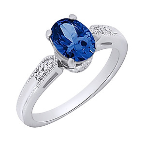 AFFY 1.05 cttw Simulated Blue Sapphire & White Natural Diamond Antique Style Engagement Wedding Ring in 14k White Gold with Ring Size -12