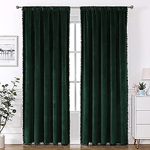 VANASEE Pompom Velvet Curtains for Bedroom Rod Pocket 52x84 inch Soft Blackout Window Curtains Room Darkening Drape Light Blocking for Living Room 2 Panels,Green
