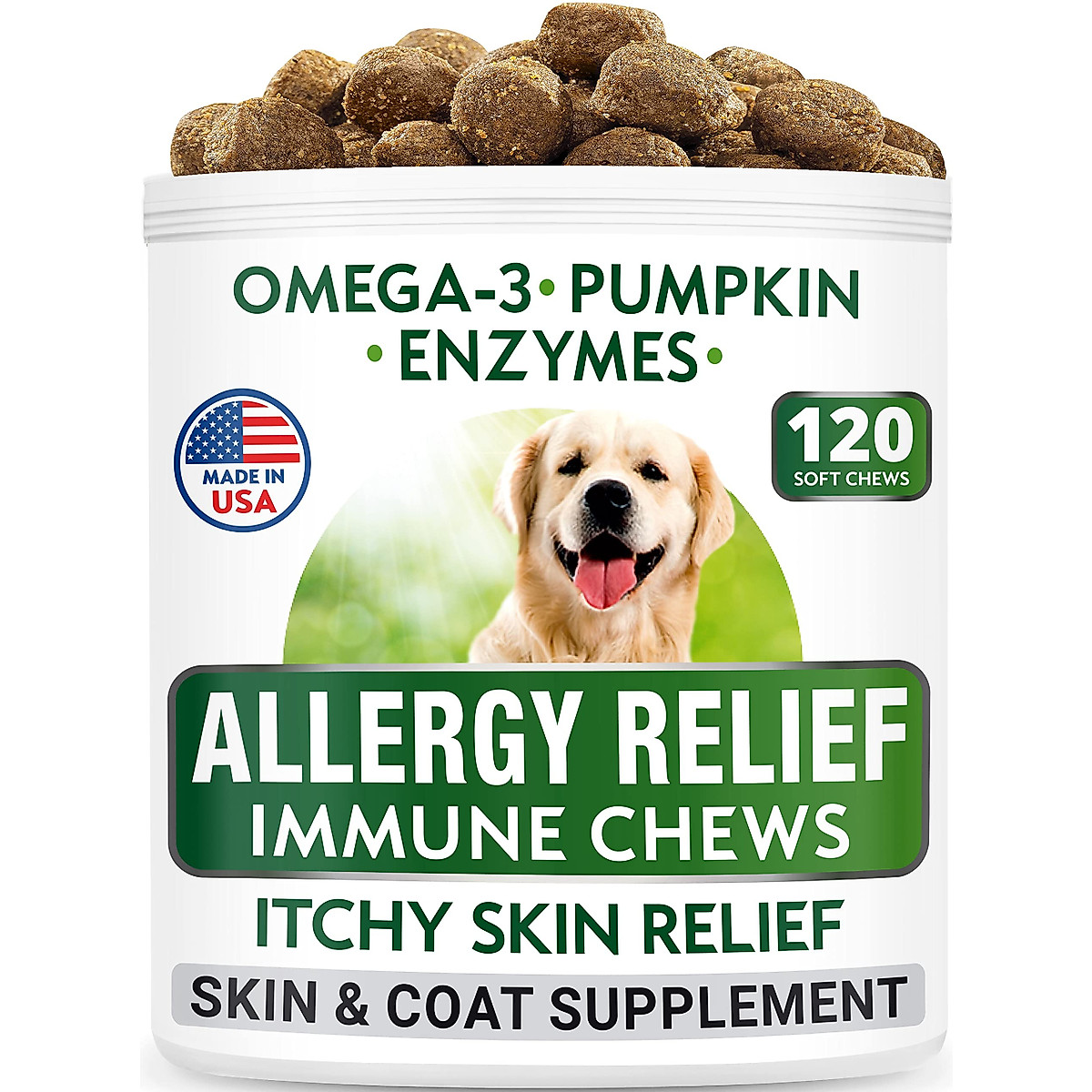 Allergy Relief + Dog Probiotics Chews Bundle - Itchy Skin Relief + Upset Stomach Relief - Omega 3, Pumpkin, Enzymes, Prebiotics - Seasonal Allergies + Improve Digestion - 120 + 120 Chews - Made in USA