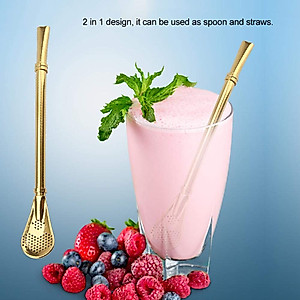 Multi function Drinking Straw, 4 in 1 Design Beverage Straw Tea Filter stirring rod and Fruit Spoon Made of 304 Stainless Steel Food Safety and Easy Maintain for Home Office Cafes Bar (Gold)