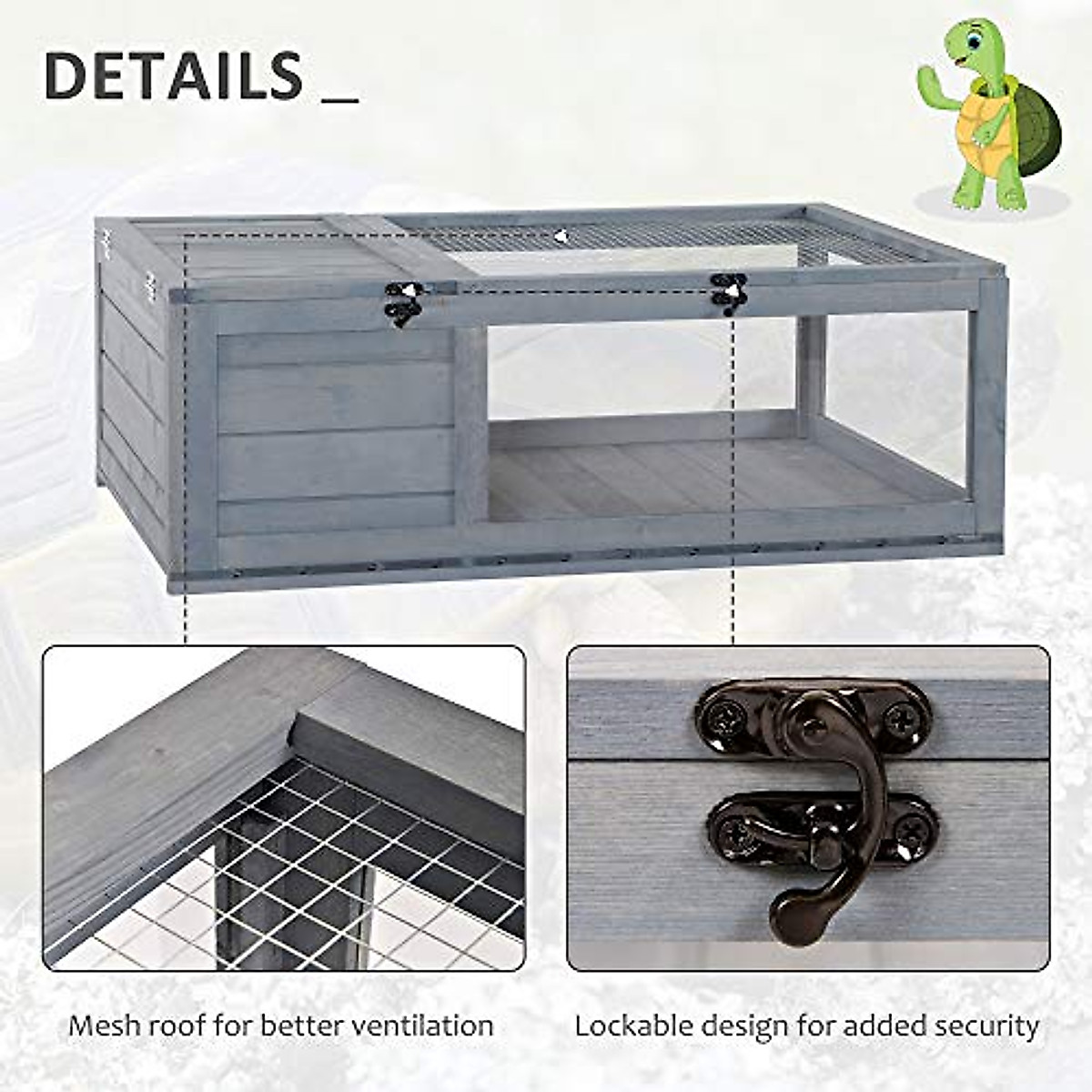PawHut Wooden Tortoise House Indoor Turtle Habitat Enclosure Outdoor Reptile Cage for Lizards, Geckos, Gray