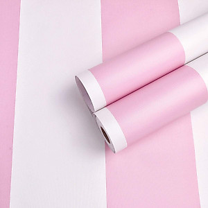Self Adhesive Vinyl Pink and White Stripe Peel and Stick Wallpaper Shelf Liner for Walls Nursery Girls Bedroom Cabinets Dresser Drawer Furniture Decal Removable Waterproof 17.7x117 Inches