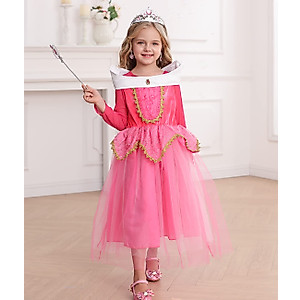 iTVTi Girls Princess Dress Up Halloween Party Costume with Crown Wand Earrings Ring, Pink, 5-6 Years (Label 130)