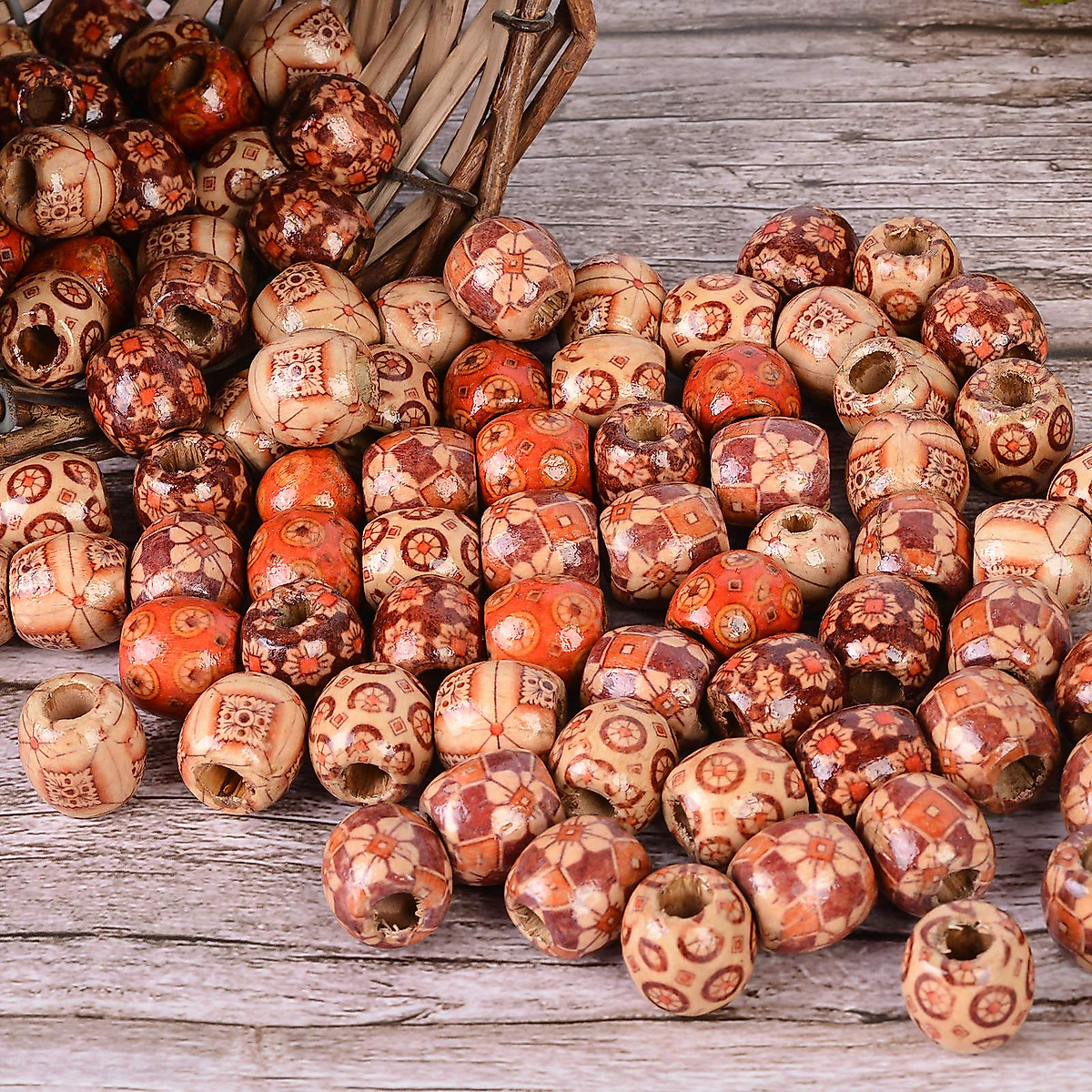 Housweety 100 Mixed Painted Drum Wood Spacer Beads 17x16mm, Round Loose Wood Beads Bulk for Braids, African Beads for Hair, Jewelry Making, Craft DIY, Macrame Rosary Bracelet Necklace Making