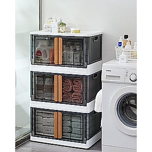 XTACO 3 Pack Stackable Storage Bins with Lids, 8.4 Gal Collapsible Storage Bins, Wardrobe Closet Organizer, Foldable Plastic Storage Container with Door, Crate for Book Storage