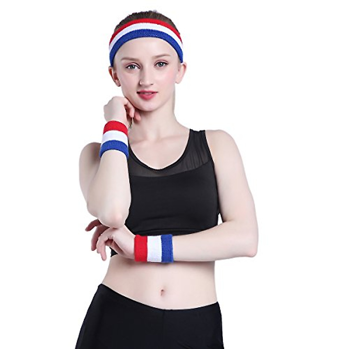 ONUPGO Sweatband Set Premium Sports Headband Wristband Set Sweatbands Terry Cloth Wristband Wrist Sweatband Headbands Moisture Wicking Sweat Absorbing Head Band Red/White/Blue