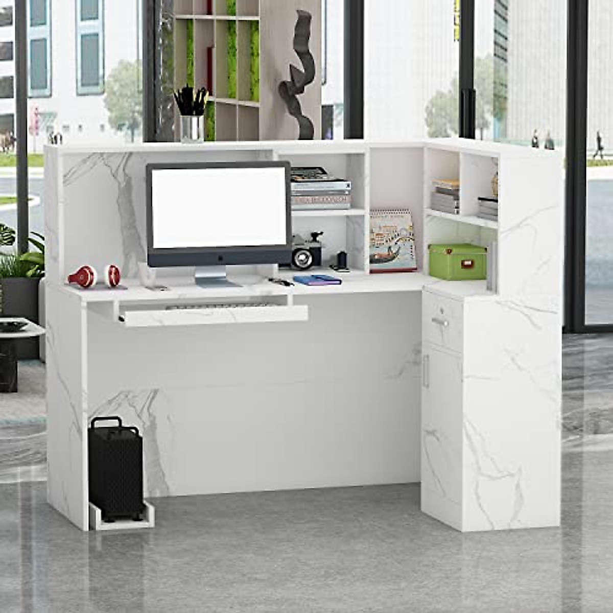 AGOTENI Reception Desk Reception Stations with Open Shelf & Drawers, L Shape Reception Table Wooden Computer Desk for Office Reception Room, Marble White