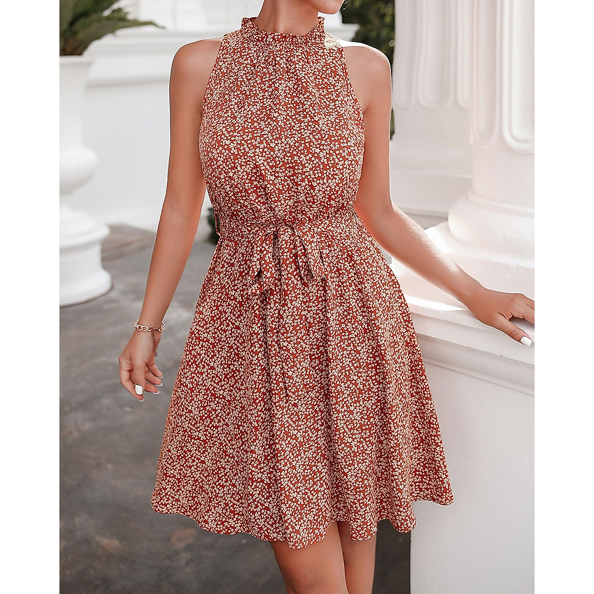 BTFBM Women 2025 Halter Neck Summer Dresses Casual Sleeveless Floral Polka Dot Print Ruffle Mini Boho Beach Sun Dress(Floral Print Red, Medium)