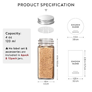 Laramaid 4oz 63Pack Glass Jars with 640 Minimalist White Vinyl Spice Labels, Shaker Lids Dispenser with Airtight Silver Metal Caps, White Pen, Cleaning Brush & Collapsible Silicone Funnel