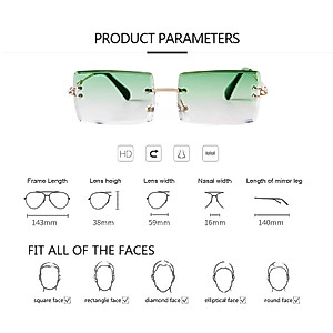 ADE WU Rimless Rectangle Sunglasses for Women Men,Trendy 90s Fashion Gradient Green Lens Frameless Glasses