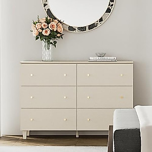 WAMPAT Dresser with 6 Drawers for Bedroom, Wooden Kids Dressers with Wide Chest of Drawers, Beige Modern Closet Storage Organizer Furniture with Solid Wood Legs for Living Room, Hallway, Nursery
