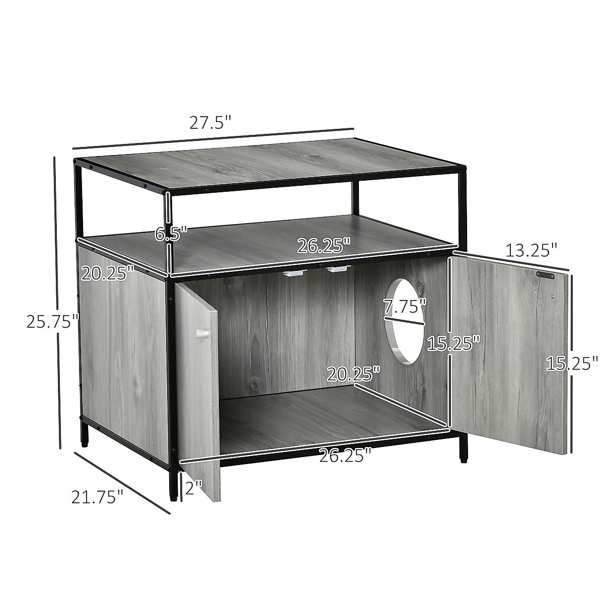 PawHut Wooden Cat Litter Box Enclosure, Hidden Kitten Washroom, Indoor End Table with Magnetic Doors & Storage Shelves, Grey