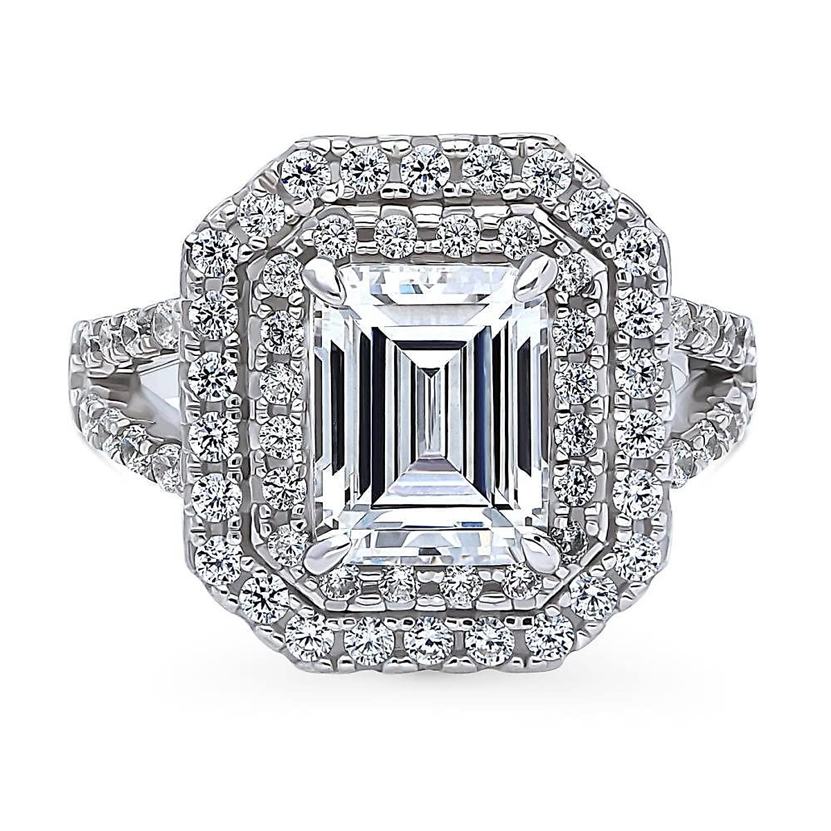 BERRICLE Sterling Silver Halo Wedding Engagement Rings Emerald Cut Cubic Zirconia CZ Statement Cocktail Split Shank Ring for Women, Rhodium Plated Size 8