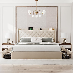 Einhomn Upholstered King Size Bed Frame with 4 Storage Drawers, Platform Bed Frame with Wingback Headboard, Charging Station, No Box Spring Needed, Beige