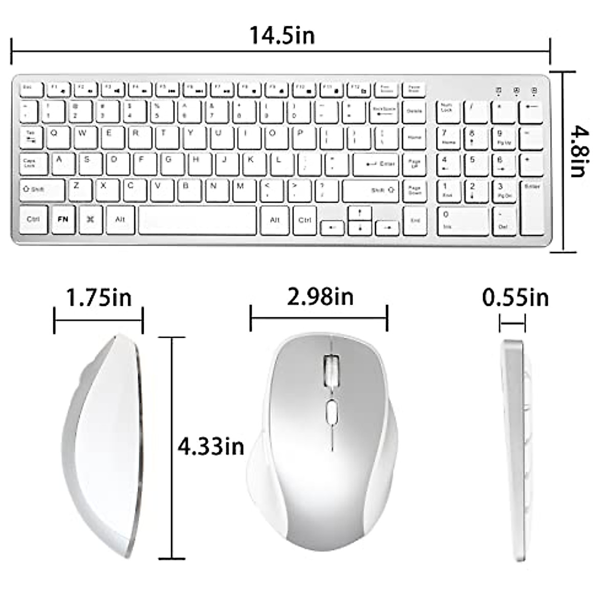 Wireless Keyboard and Mouse Combo Rechargeable USB Cordless Slim Compact Keyboard with Numeric Keypad and Ergonomic Silent Computer Mouse Set for Windows,PC,Laptop,MacBook,Chromebook-Silver White