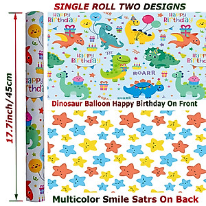 U'COVER Dinosaur Wrapping Paper Rolls Happy Birthday Gift Wrapping Paper Roll for Kids Boys Girls Baby Reversible Gift Wrap Dinosaur Star for Bday Party (DINOSAUR)