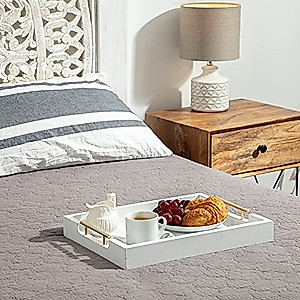 White Serving Tray with Gold Handles by Cozy Décor - Premium Decorative Trays - Coffee Table Trays for Living Room - Large Ottoman Tray -Tv Trays for Breakfast in Bed -17-Inch Wooden Tray for Ottoman