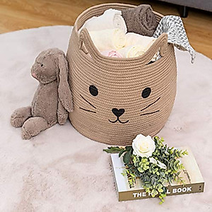 VK Living Animal Baskets Large Woven Cotton Rope Storage Basket with Cute Cat Design Animal Laundry Basket Organizer for Towels, Blanket, Toys, Clothes, Gifts – Pet or Baby Gift Baskets 15‘’ L x 14H