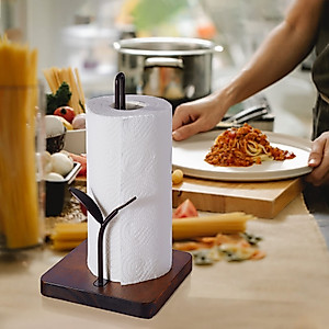 Clastyle Standing Rustic Wooden Paper Towel Holder Easy Tear Kitchen Paper Towel Organizer Free Farmhouse Roll Dispenser for Cabinet Countertop, Black and Dark Brown