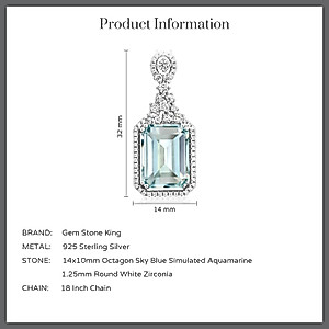 Gem Stone King 7.24 Cttw Sky Blue Simulated Aquamarine Necklace In 925 Sterling Silver | Emerald Cut 14X10MM Pendant Necklace For Women | With 18 Inch Silver Chain