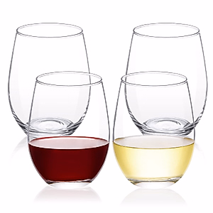 Waipfaru Wine Glasses, 15 oz Stemless Wine Glasses, Set of 4 Glasses for Red or White Wine, Durable Clear Drinking Glasses, Short Wine Tumblers for Gifts, Party, Home, Office, Bars