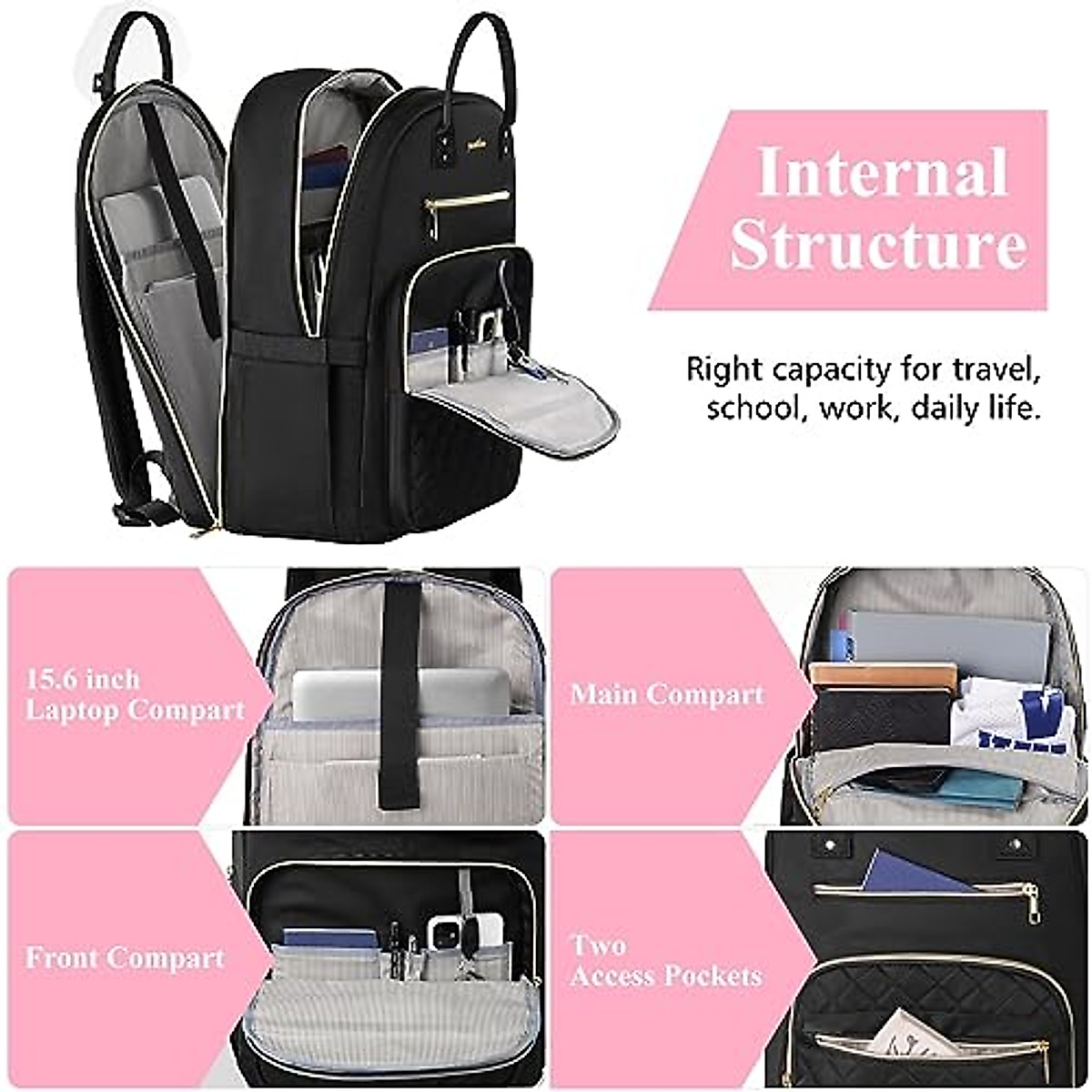 YAMTION Black Backpack for Women and Teen Girls,School Backpack TSA Laptop Bookbag with USB for College University Business Work Travel