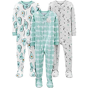 Simple Joys by Carter's Baby Boys' Snug-Fit Footed Cotton Pajamas, Pack of 3, Avocados/Tie Dye, 12 Months