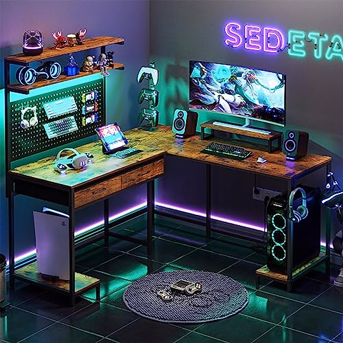 SEDETA L Shaped Gaming Desk with LED Lights and Drawers, Gaming Desk with Hutch & Pegboard, Computer Desk with Monitor Stand, Storage Shelves, Home Office Desk Corner Desk, Gaming Table, Rustic Brown