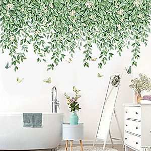 Green Leaf Wall Decals Hanging Vine Wall Sticker Plant Flower Wall Decal Butterfly DIY Removable Wall Stickers Peel and Stick Art Murals for Kids Baby Girls Nursery Bedroom Living Room