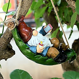 ASAMASA Funny Garden Gnomes Outdoor Hanging Statue, Fairy Garden Swinging Leaf Hammock Gnome Figurine for Lawn Patio Yard Tree Decorations,Adorable Relaxed Gnome