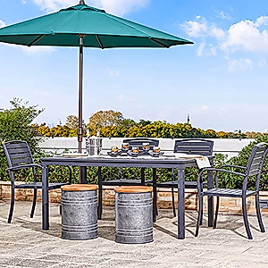 glitzhome Rustic Storage Ottoman Seat Stool, Farmhouse Nesting End Table, Galvanized Barrel Metal Accent Side Table Toy Box Bin with Round Wood Lid for Living Room Furniture, Set of 2, Grey