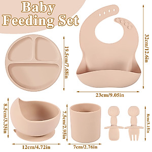 Pimoys 6 Pack Silicone Baby Feeding Set Baby Led Weaning Supplies Suction Bowl Plate Bib Tiny Cup Toddler Dishes with Fork & Spoon, Baby Eating Utensils Microwave & Dishwasher Safe
