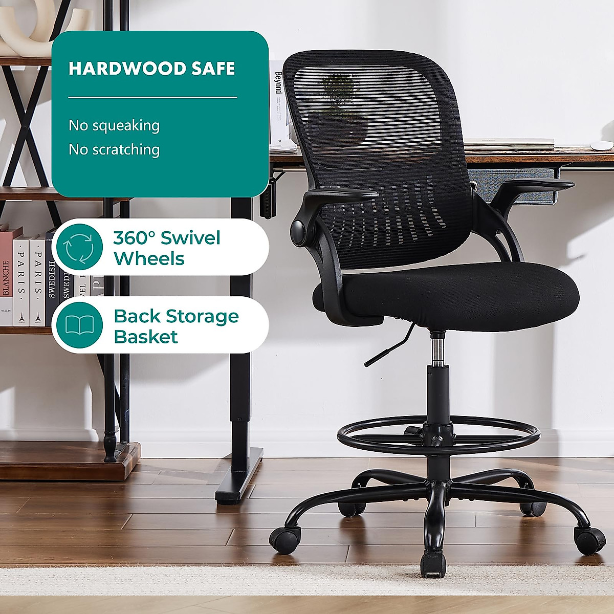 SMUG Drafting Chair, Tall Office Chair Tall Standing Desk Chair Counter Height Adjustable Office Chair with Flip-up Arms, Mid Back Mesh Office Drafting Chairs, Black