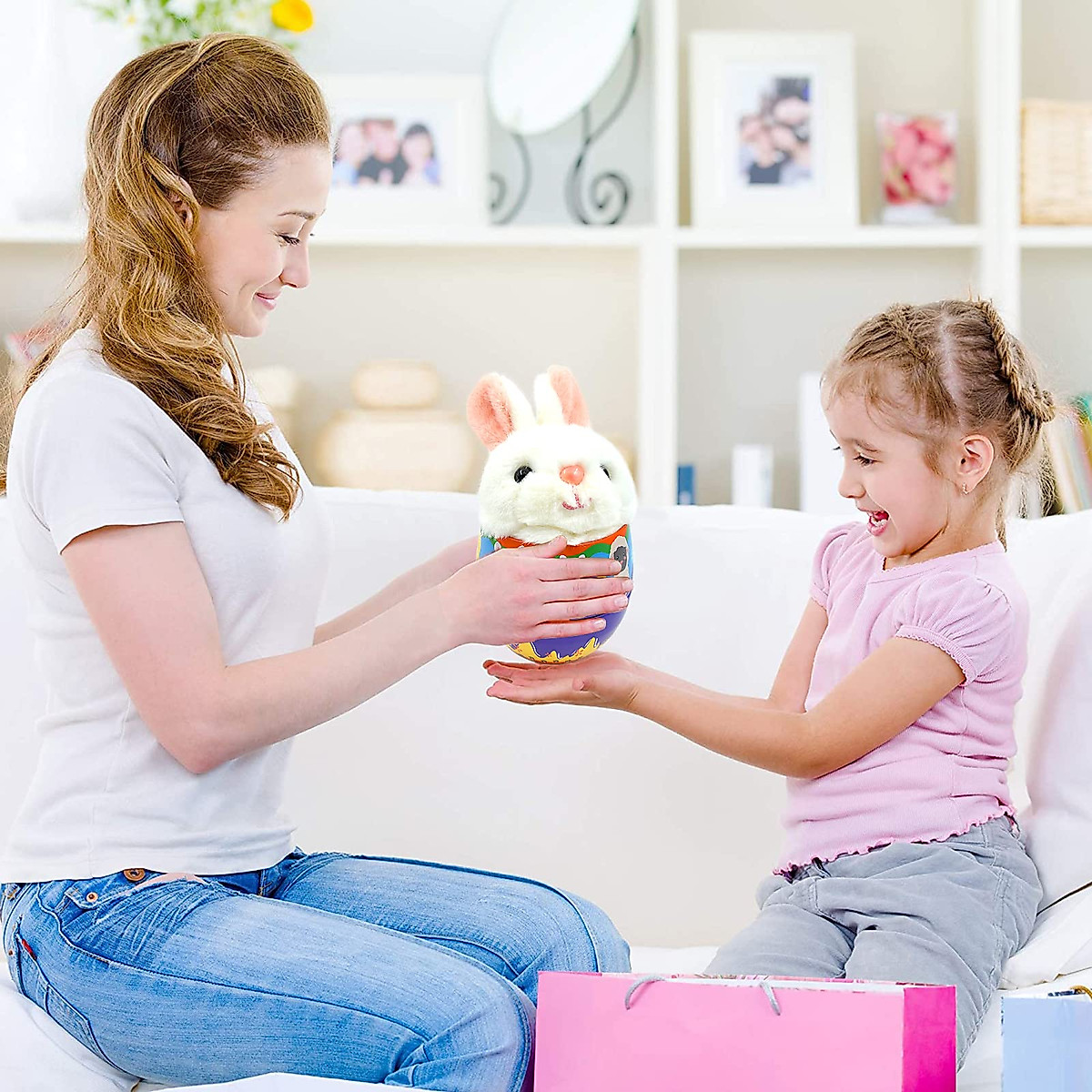 U-PTYTM Bunny Rabbit Stuffed Animals Plush Toys, Metal Eggs Easter Birthday Gifts for Kids Boys Girls, Cuddly & Soft, Bedroom Decorations