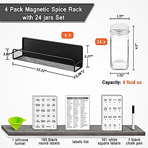Churboro 4 Pack Magnetic Spice Rack Organizer with 24 Glass Spice Jars-Moveable Magnetic Shelf for Refrigerator- 4 oz Spice Containers with Labels, Medium, Metal Black