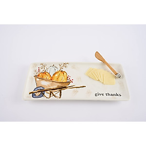 Mud Pie Thanksgiving Pumpkin Wheelbarrow Hostess Platter Set, Multi, Tray 7" x 15" | Spreader 6 1/4"
