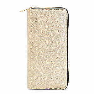 Premium Glitter Bling Smooth Vegan Leather Continental Zip Around Wallet, Gold