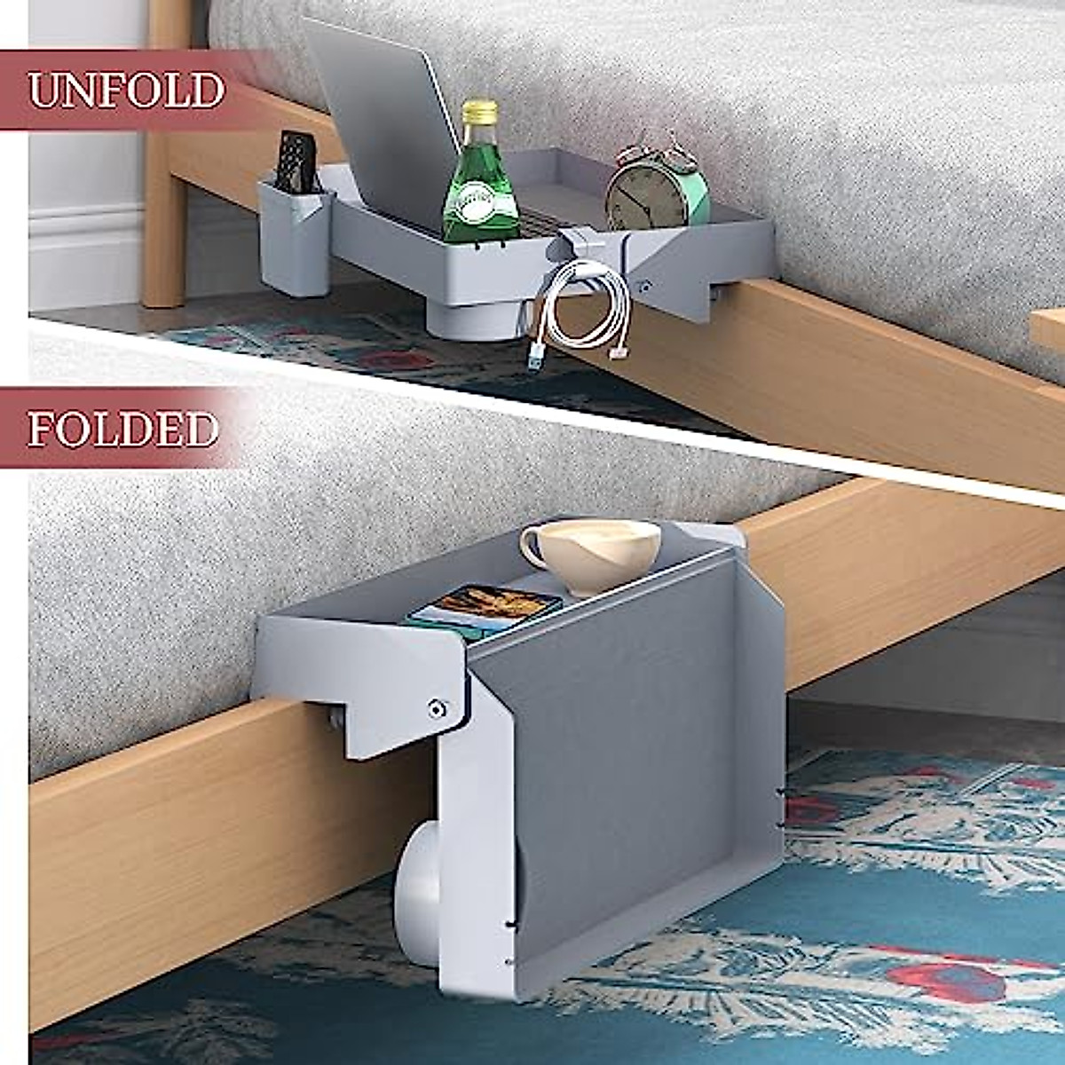SOLEJAZZ Bedside Shelf for Bed, Folding Bunk Bed Shelf for Top Bunk Clip On Nightstand College Dorm Room Essential Table Caddy Bedside Night Stand Shelf with Hooks, Cup & Cord Holder, Plus Size, Grey