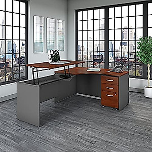 Bush Business Furniture Series C Left Hand 3 Position Sit to Stand L Shaped Desk with Mobile File Cabinet, 60W x 43D, Hansen cherry and Graphite Gray