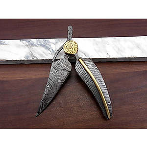 8" hand forged Damascus steel leaf folding pocket knife custom made, Engraved Damascus scale with bras art work cow leather sheath (Damascus) (Full Damascus)
