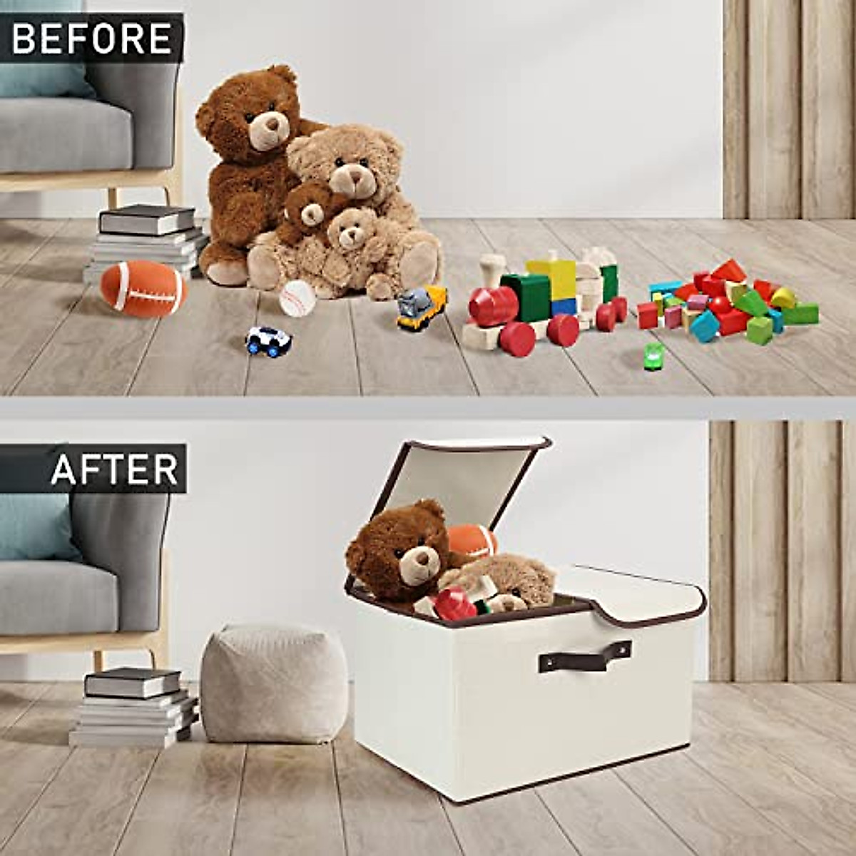 ShellKingdom Large Storage bins, 2 Set Foldable Linen Fabric Storage Cubes Organizer with Lid, Leather Handles, Removable Divider for Home, Closet, Toys, Cloth Storage Boxes - 16.5x11.8x9.8'' (Beige)