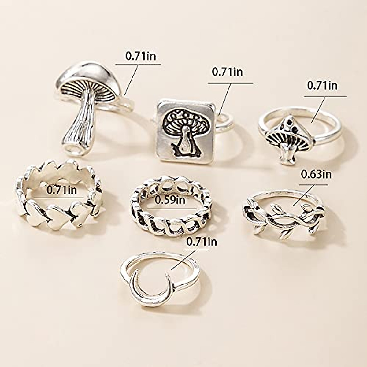 CSIYANJRY99 Vintage Silver Punk Rings Set Retro Mushroom Heart Moon Flower Heart Signet Knuckle Finger Statement Rings for Women Jewelry (I)