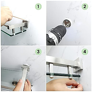 Bathroom Shelves Rectangle Tempered Glass Shelf SUS304 Stainless Steel with rail Lavatory Shower Caddy Floating Wall-Mount Home Decor Holder,20.5x5.3 inches Brushed Finish,1 Shelf with Hardware