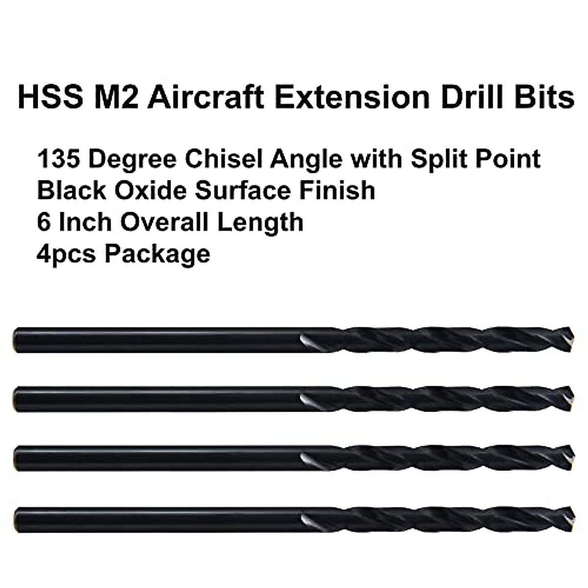 MAXTOOL 7/32"x6" 4pcs Identical Aircraft Extension Drills HSS M2 Extra Long Deep Twist Drill Bits Straight Shank Fully Ground Black; ACF02B06R14P4