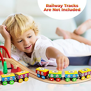 On Track USA Wooden Train Set ABC Magnetic Trains for Toddlers 12 Pieces, Compatible with All Train Track Accessory Sets, Alphabet and Numbers Toy Trains for Boys and Girls