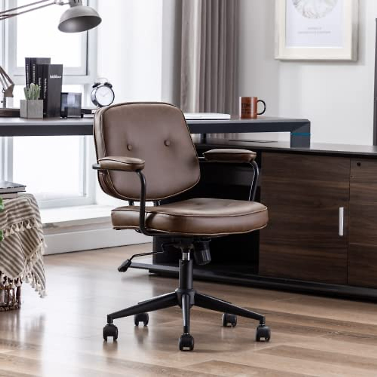 HEAH-YO Modern Home Office Desk Chair, Height-Adjustable Computer Desk Chair with Wheels and Arms, Swivel Task Chair with Back Support for Home Office, PU Brown