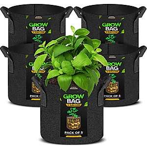 Utopia Home 5 Pack 5 Gallon Grow Bags, 300G Thickened Nonwoven Plant Fabric Pots for Outdoor, Grow Pots, Garden Plant Bags, Aeration Fabric Planter Bags for Fruits, Vegetables and Flowers