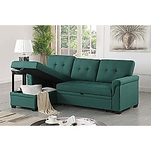 Lilola Home Linen Reversible Sleeper Sectional Sofa with Storage Chaise, Green