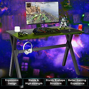 Tangkula Computer Desk Gaming Desk, Ergonomic E-Sports Desk with Cup & Headphone Holder and Mouse Pad, Gamer Workstation with Carbon Fiber Surface and X-Shape Steel Frame, Home Office Desk (Black)