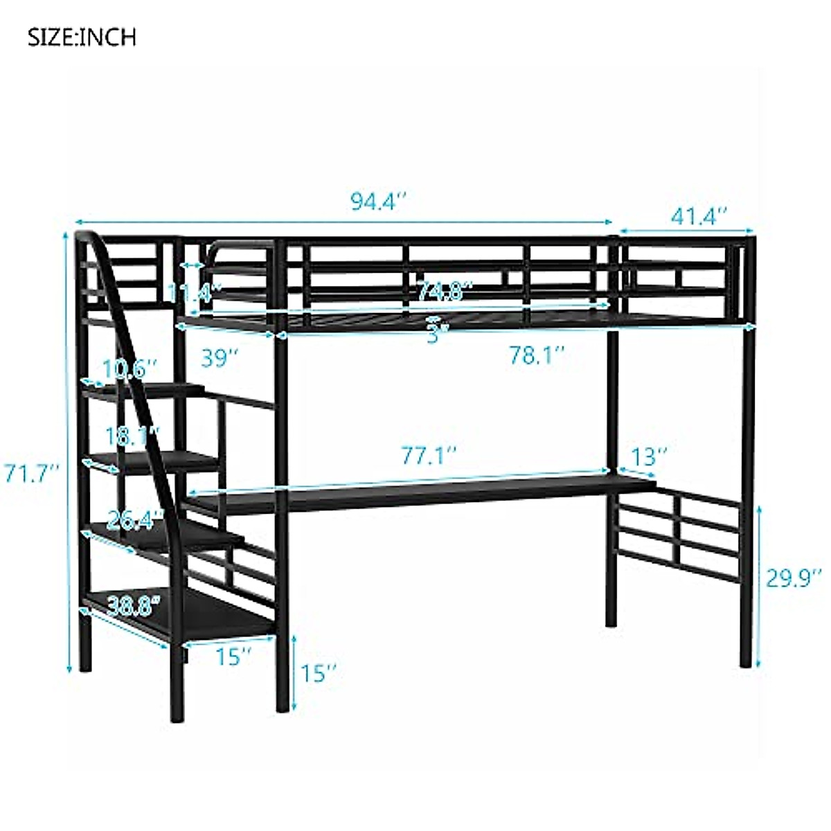 TARTOP Twin Metal Loft Bed with Desk and Stairs for Juniors Heavy Duty Steel Loft Bed for Small Space, No Box Spring Needed,Black